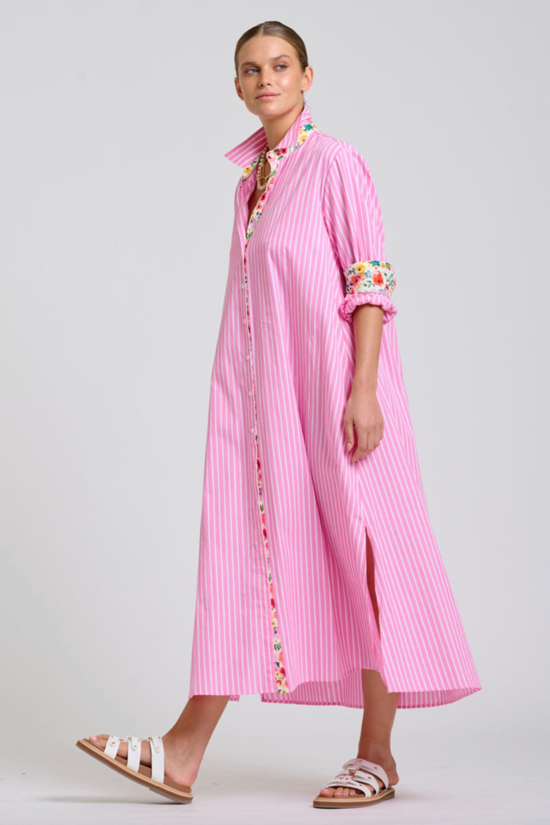 The Luna Longline Shirt Dress | Pink Stripe Floral Trim | Shirty – Rose ...